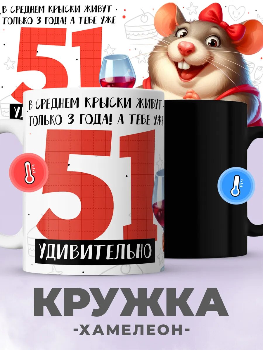 Кружка от jojomojo хамелеон с приколом крыса, подарок на 51 год, 330мл, керамическая