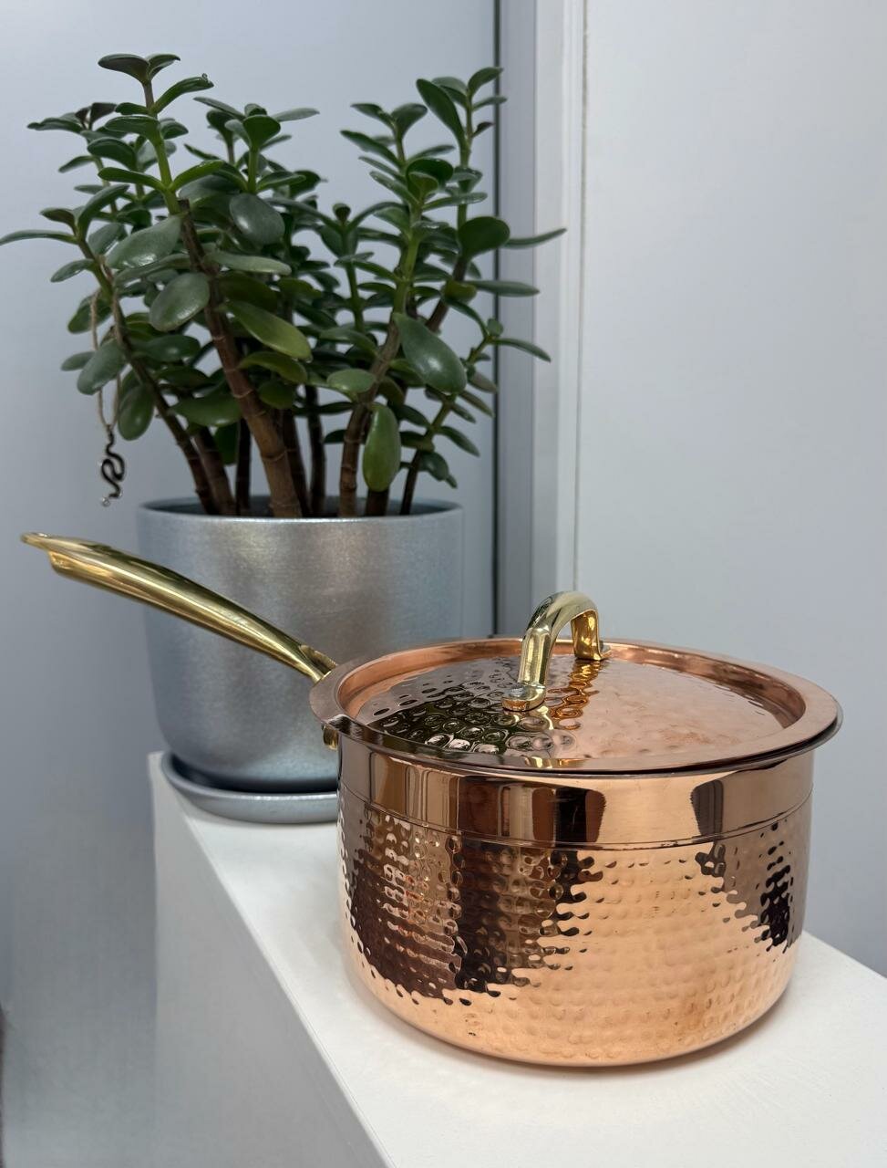 Ковш медный чеканный, с крышкой, луженый, толстые стенки, для воды, приготовления блюд, 2,5 л, Португалия (Oxan)