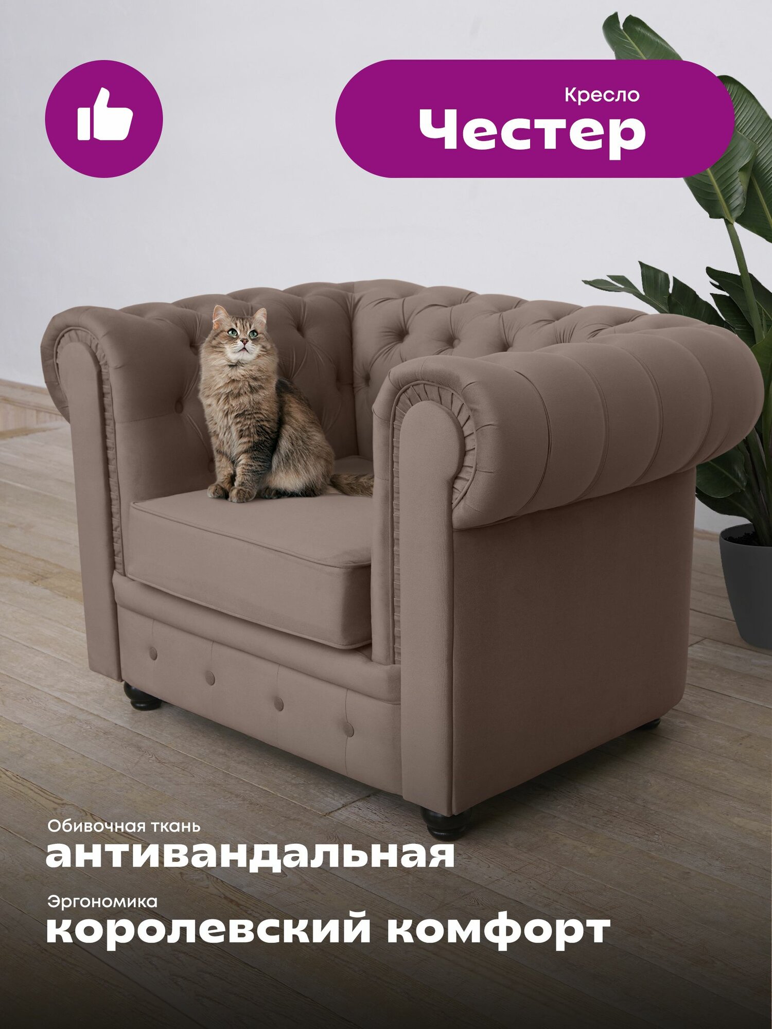 Мягкое кресло для отдыха в гостиную "Честер", антивандальная ткань какао Teddy 014