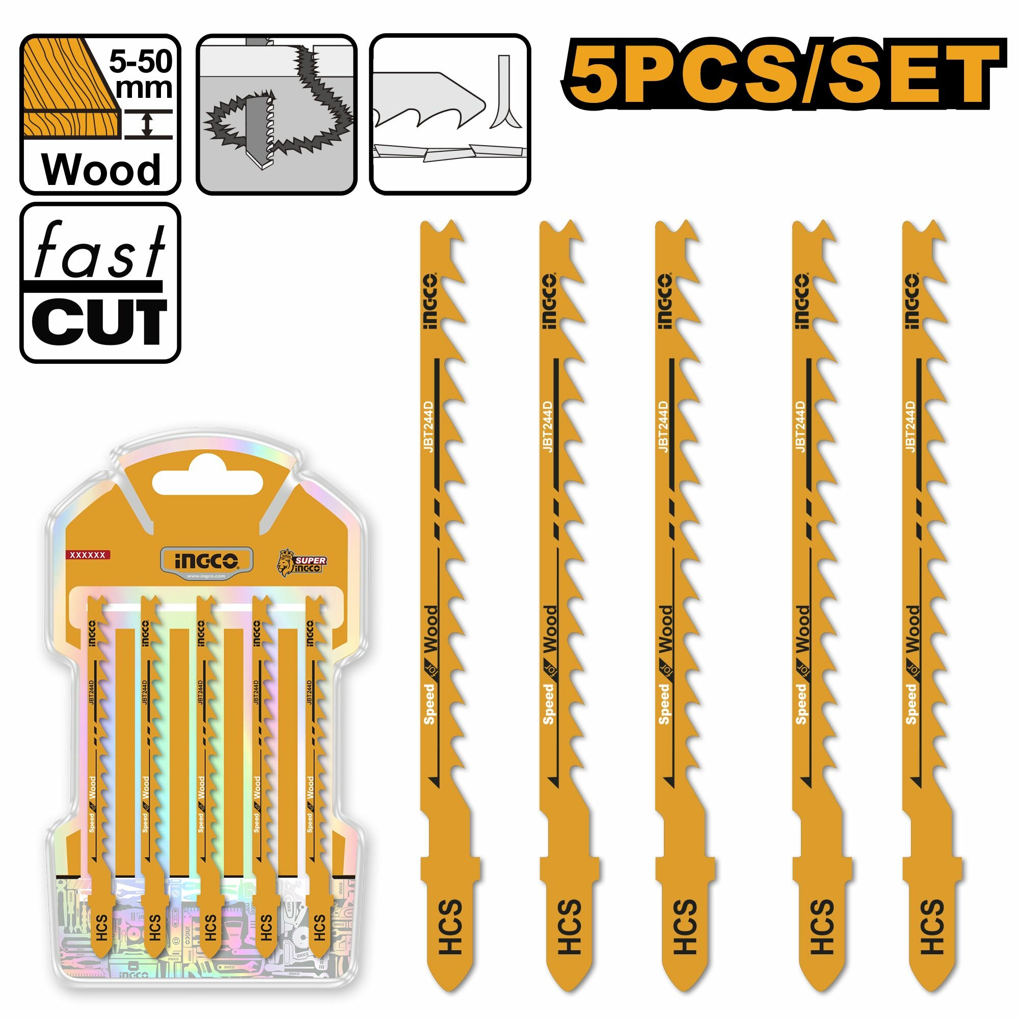 Набор пильных полотен для лобзика по дереву 5шт. 74мм-HCS-6TPI INGCO JBT244D