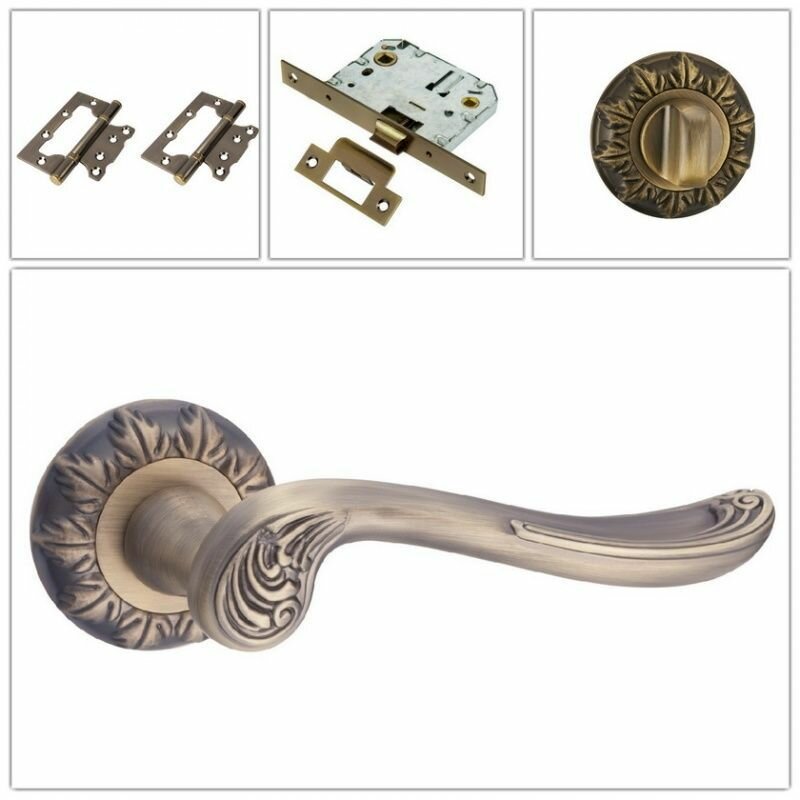 Ручка дверная межкомнатная Renz INDH_61-10_MAB_WC, матовая античная бронза (ручка + замок WC + 2 петли без врезки + завертка)