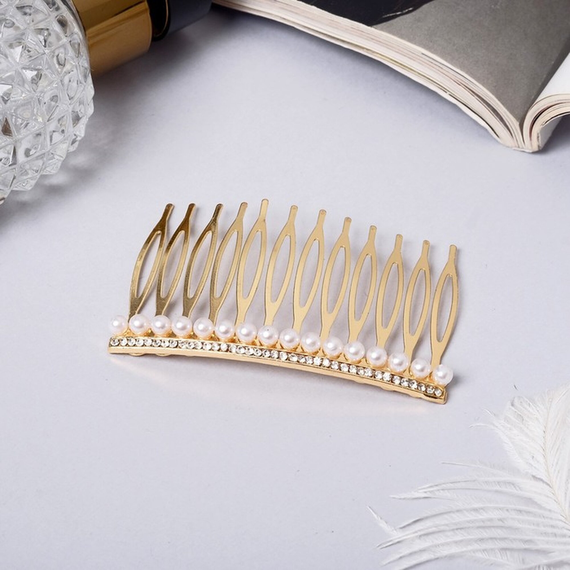 Гребень для волос Queen Fair «Либерти», металл, золотистый, с декором из страз