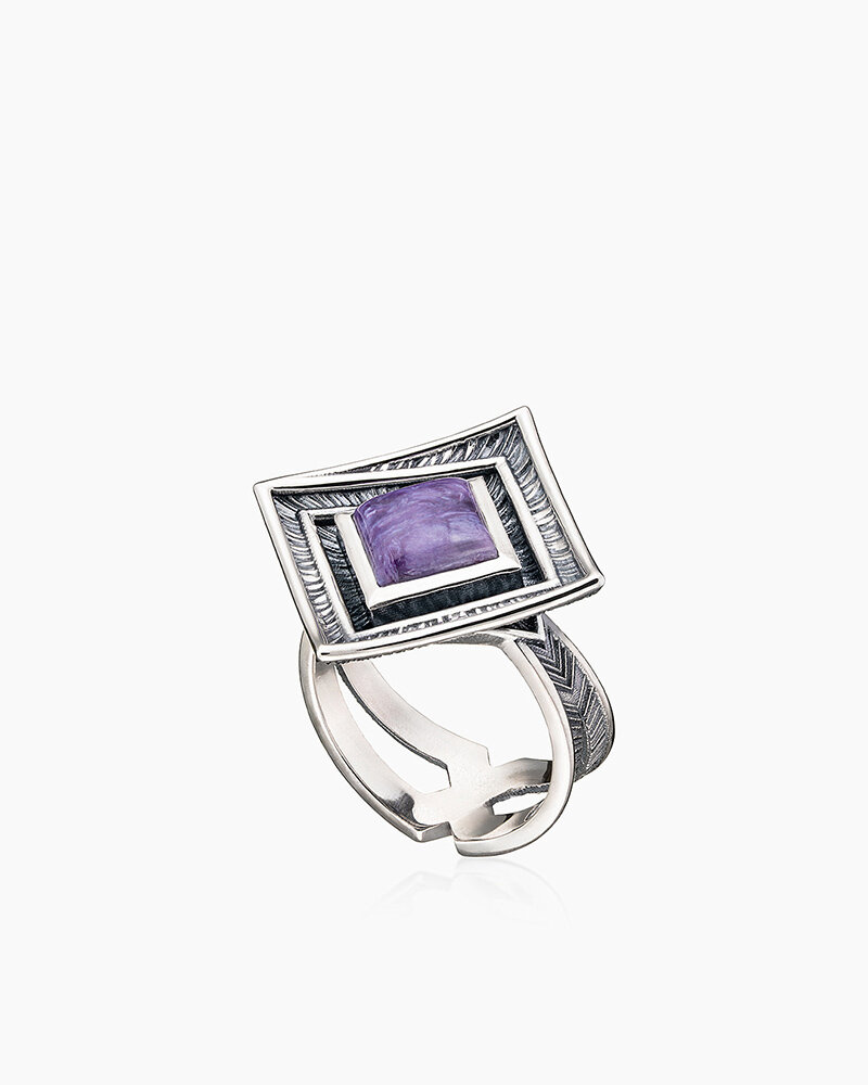 Кольцо, серебро, 925 проба, чернение, чароит