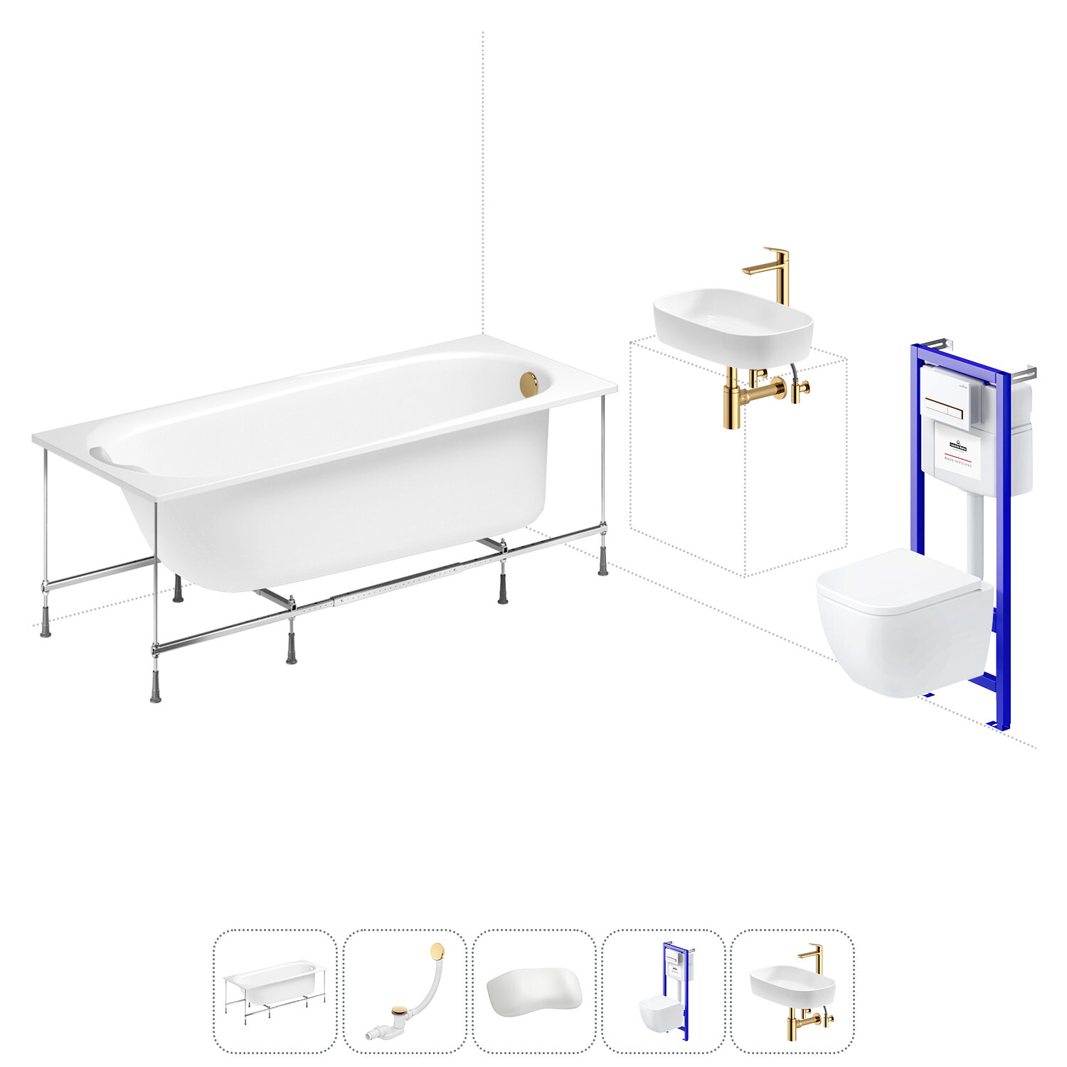 Акриловая ванна 150x70 с каркасом Lavinia Boho Biore 20221252R в наборе 6 в 1: ванна, ножки, слив-перелив, подголовник, унитаз в комплекте, раковина в комплекте