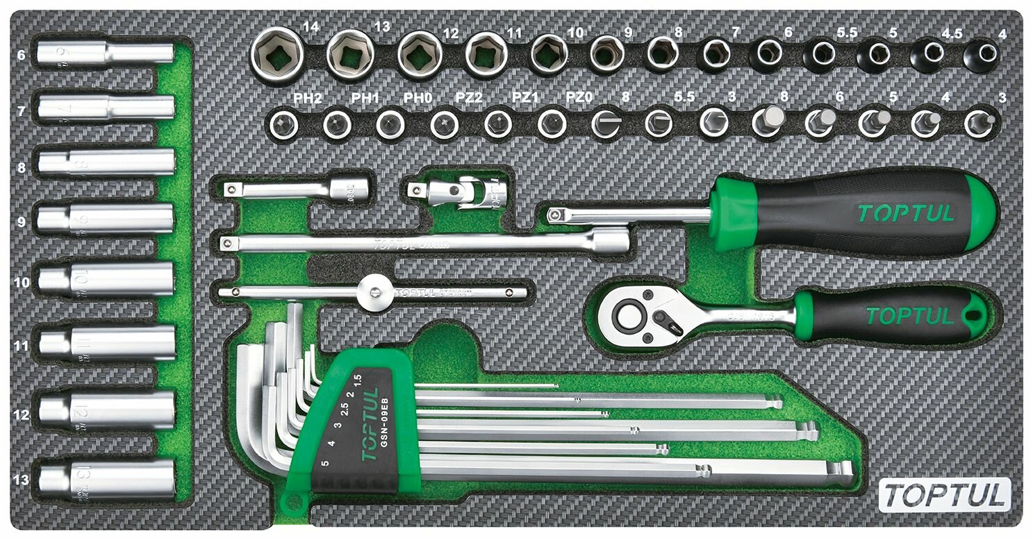 Набор головок и аксессуаров 1/4", профессиональный, 50 предметов, в мягком ложементе, TOPTUL GEA5004