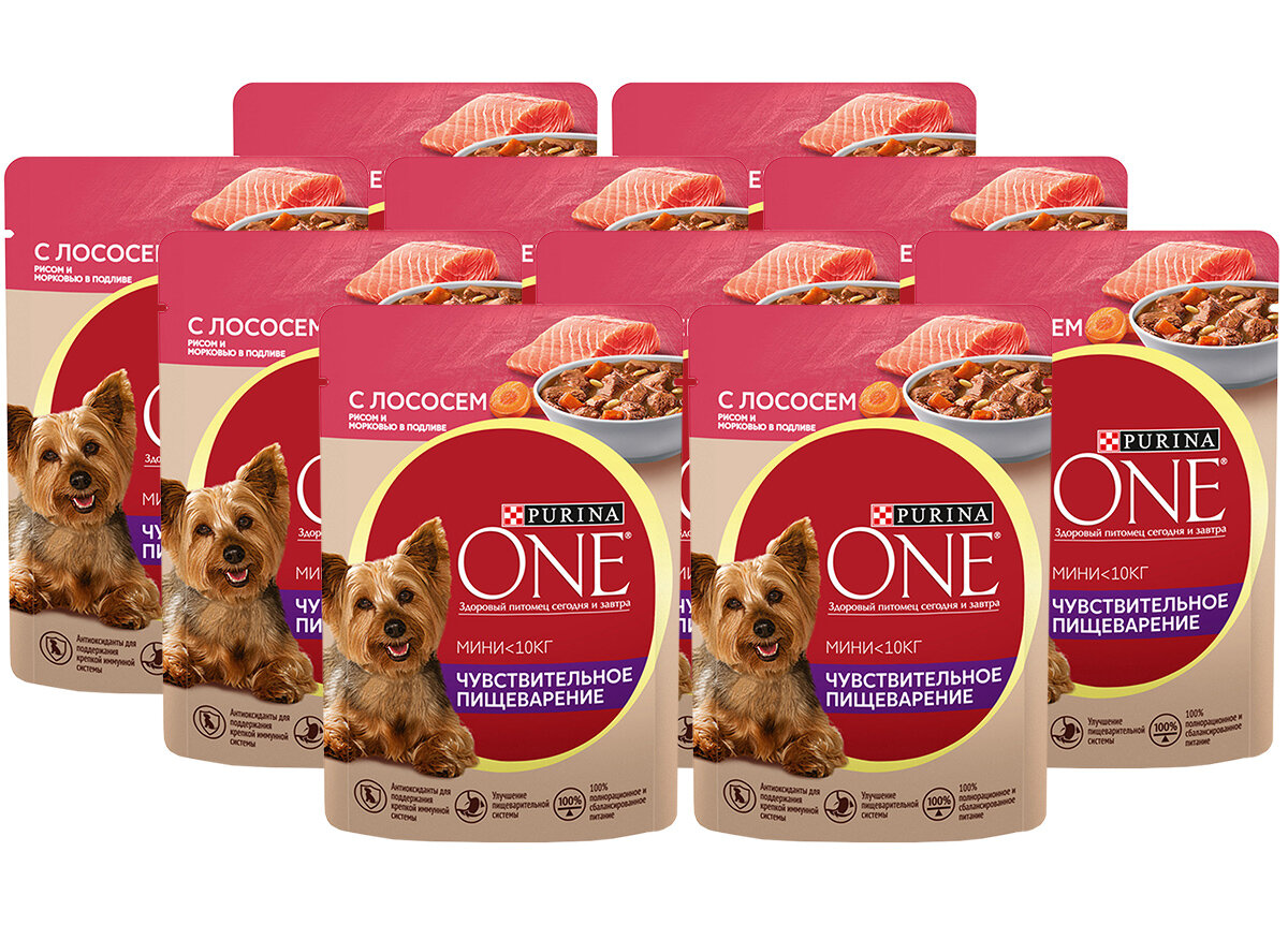 Влажный корм Purina One Мини для собак мелких пород при чувствительном пищеварении с лососем, рисом и морковью подлив пауч, 85 гр х 10 шт