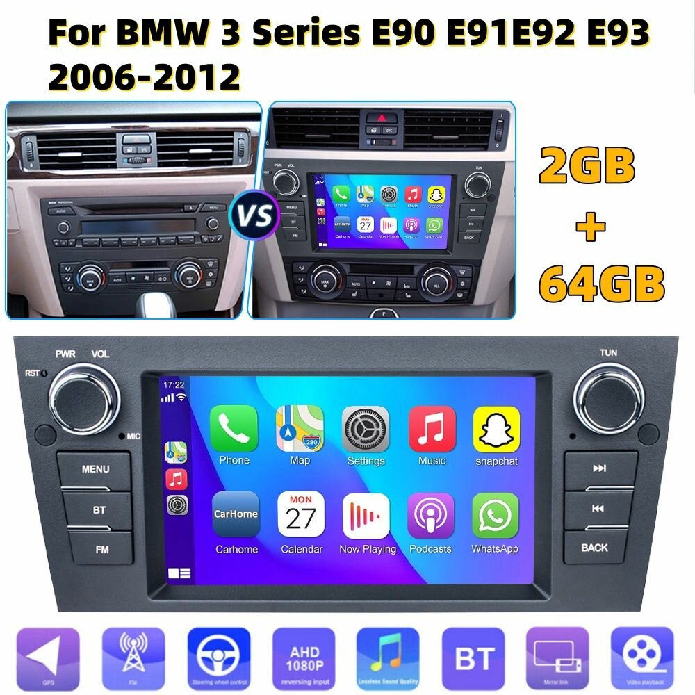 X-REAKO Автомагнитола Android подходит дляBMW 3 series E90 E91E92 E93 2006-2012, GPS, carplay/Android Auto, WiFi, Bluetooth