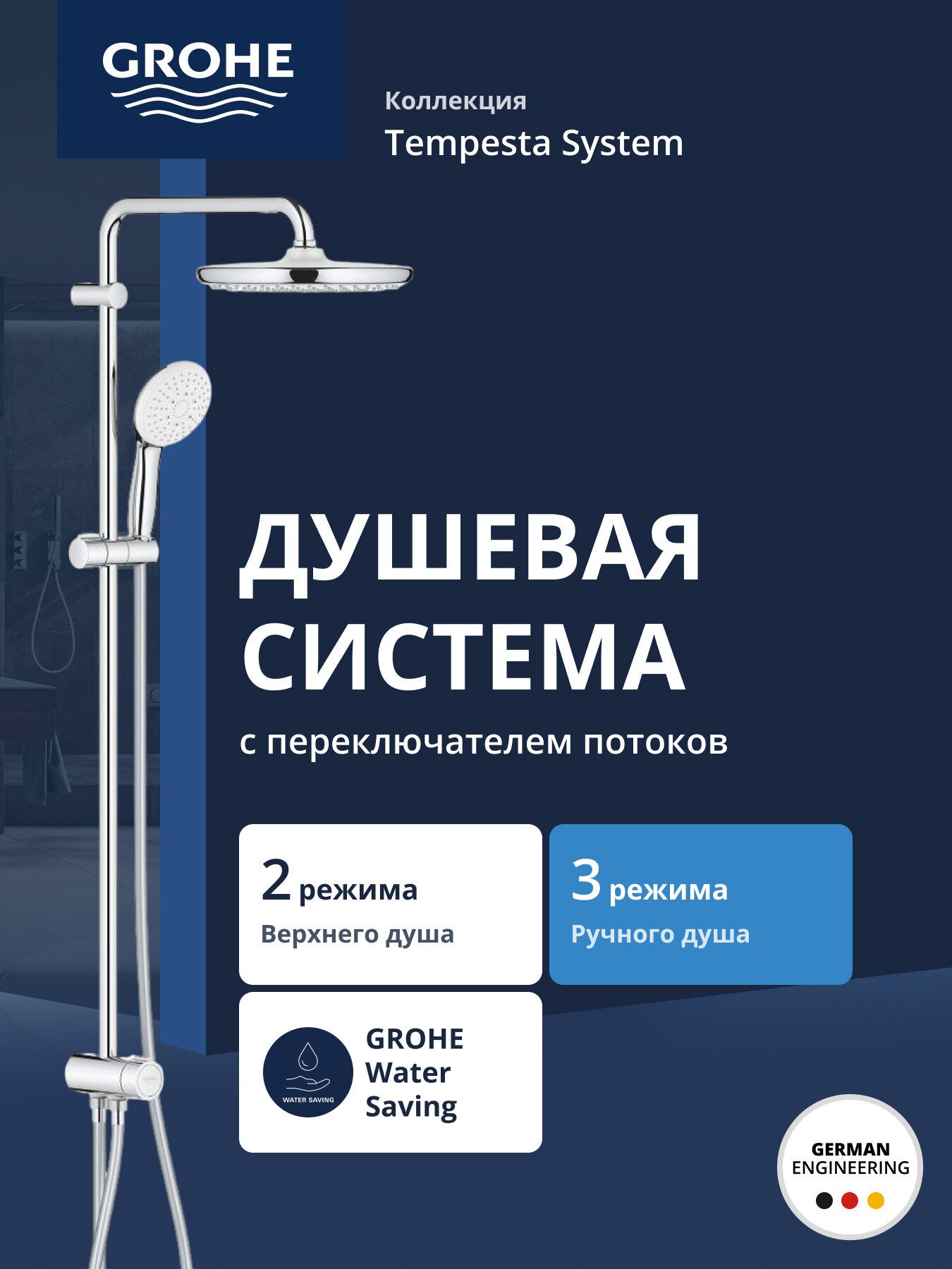 Душевая система GROHE Tempesta System 250 Flex наружного монтажа с переключателем, хром (26675001)