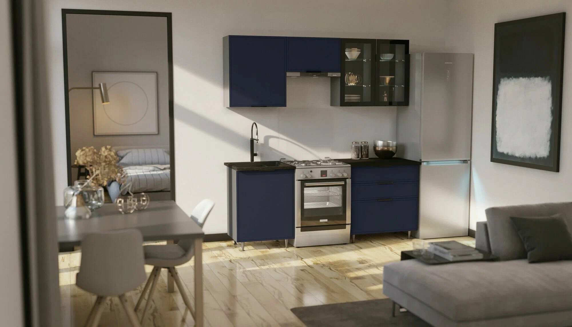 Кухня прямая Николь 2,0м Копановка №2 Холст сапфировый, Гранит / Кастилло темный