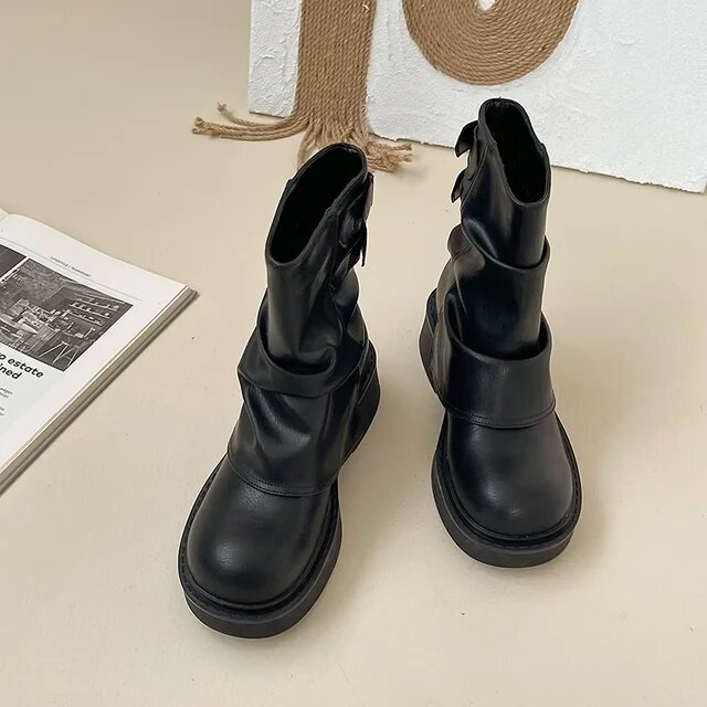 Женские ковбойские сапоги в стиле вестерн на платформе, модные короткие сапоги без застежек, осенне-зимние, на толстом каблуке, женская обувь