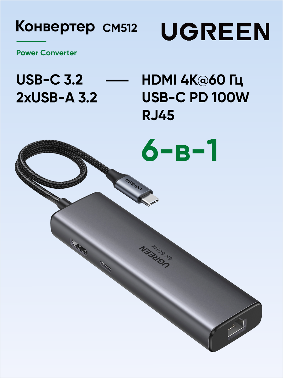 Конвертер UGREEN CM512 (45000) USB-C to HDMI+2*USB 3.2 A+1*USB 3.2 C+RJ45+PD Power Converter. Цвет: серый