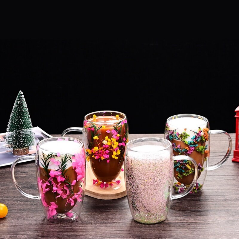 Кружка с двойным дном с цветами,400ml，4 чашки
