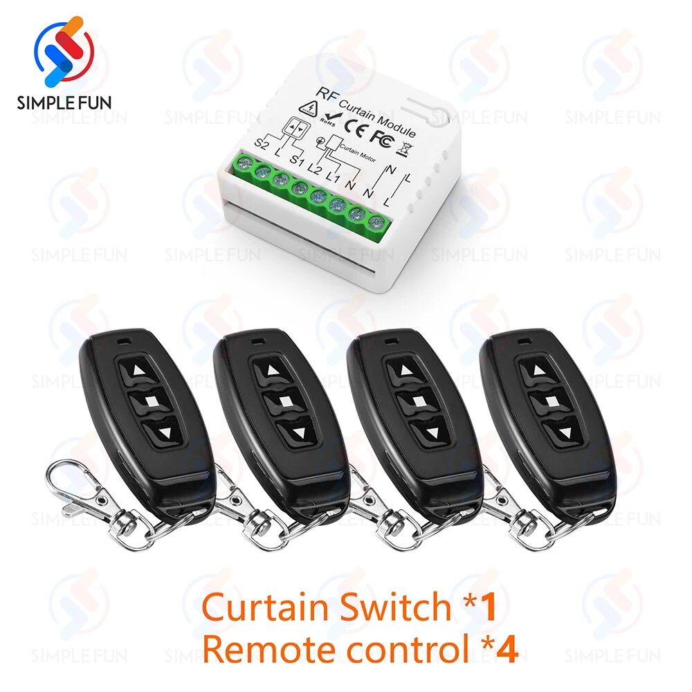 Беспроводной RF Curtain Switch Module 433МГц, 1 Receiver, 4 Remote