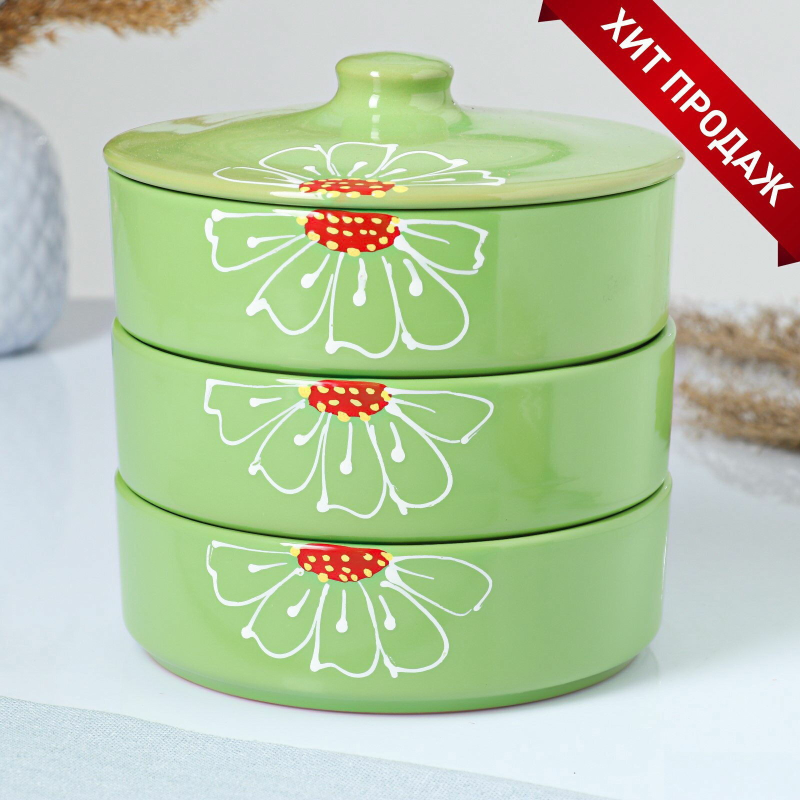 Набор для холодца "Подарочный", керамика, 3 ёмкости, 0.75 л, зелёный