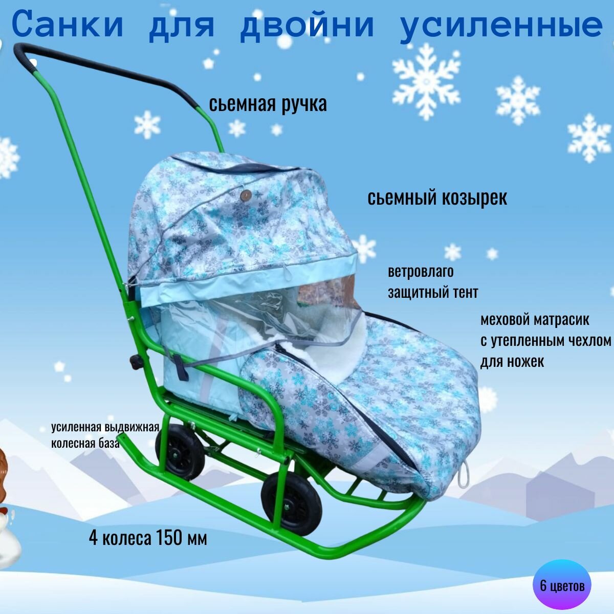 Санки для двойни , близнецов, погодок с колесами усиленные бок о бок