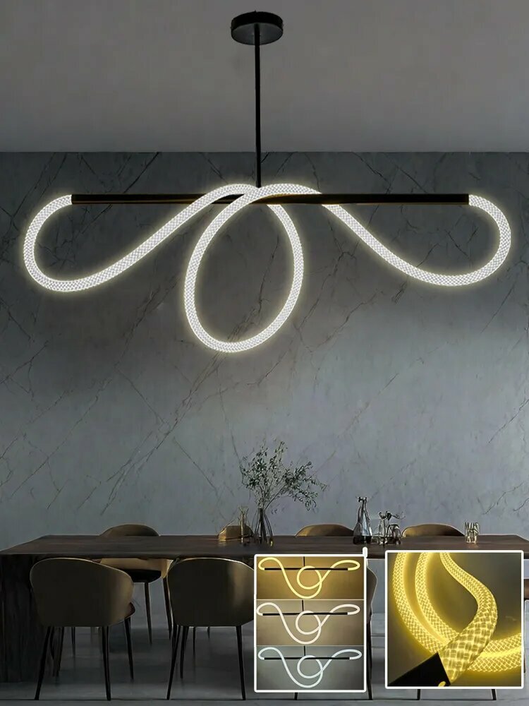 Трехцветное освещение, минималистичная люстра, длинный обеденный стол, музыкальная нота, креативная извилистая лампа