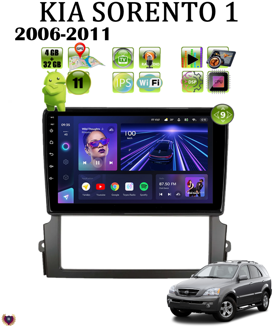 Автомагнитола для Kia Sorento 1/Киа Соренто (2006-2011), 4/32 GB, Android 11, Wi-Fi, Bluetooth, CarPlay, поддержка кнопок на руле