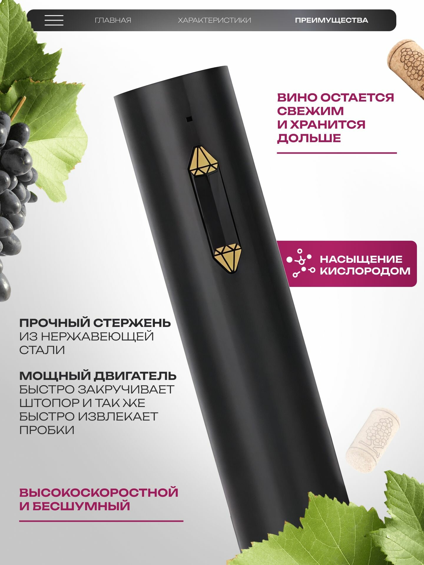 Электрический штопор, для вина и шампанского, USB-кабель, черный, стильный дизайн