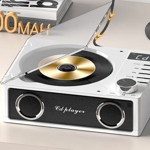 Портативный CD-плеер с Bluetooth 5.3 и 4000 мАч (отклоняет поврежденные диски), с пультом дистанционного управления, FM-радио, динамиками, поддерживает USB, TF, AUX и оптический вход