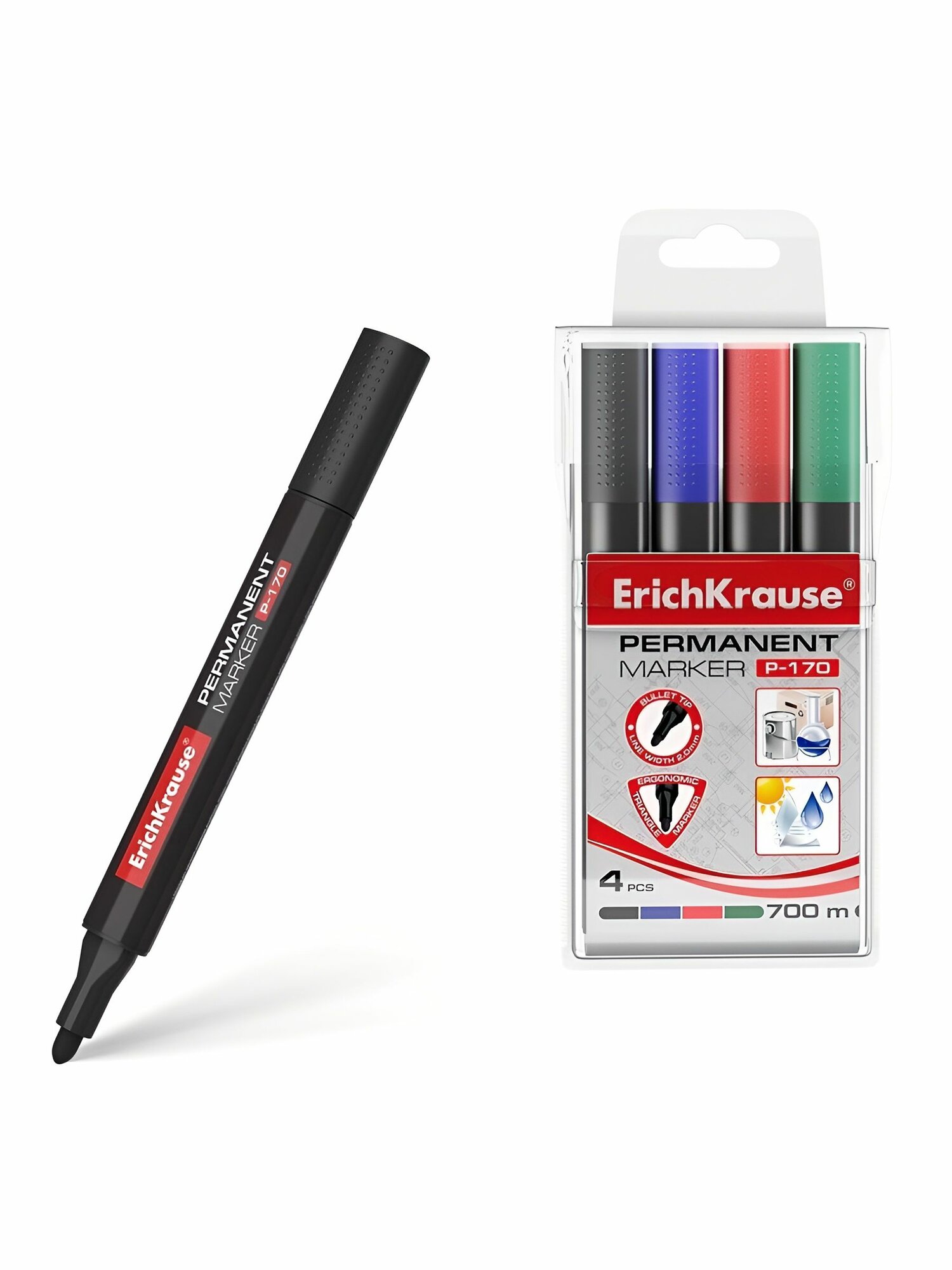 Набор из 4 перманентных маркеров ErichKrause P-170, цвет чернил: черный, синий, красный, зеленый (в пвх-воллете)