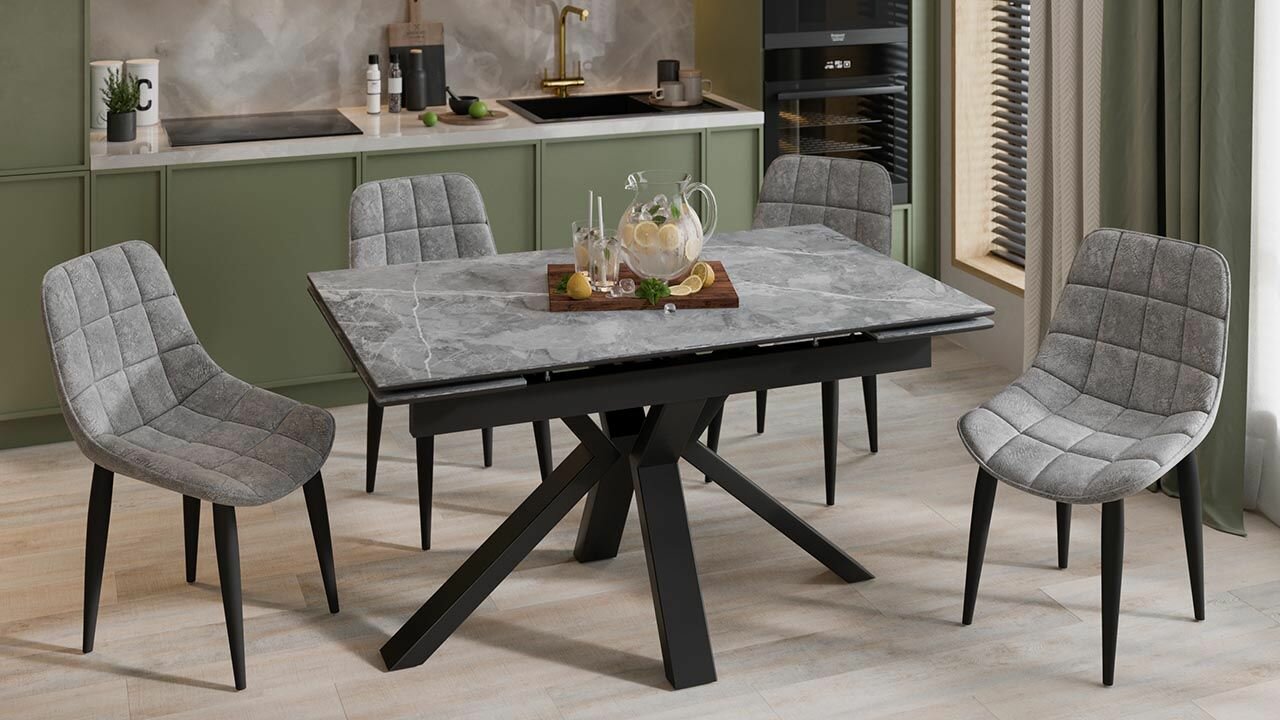 Стол кухонный обеденный раздвижной Черный муар/Керамика матовая серый мрамор 140(200)х85х76 см