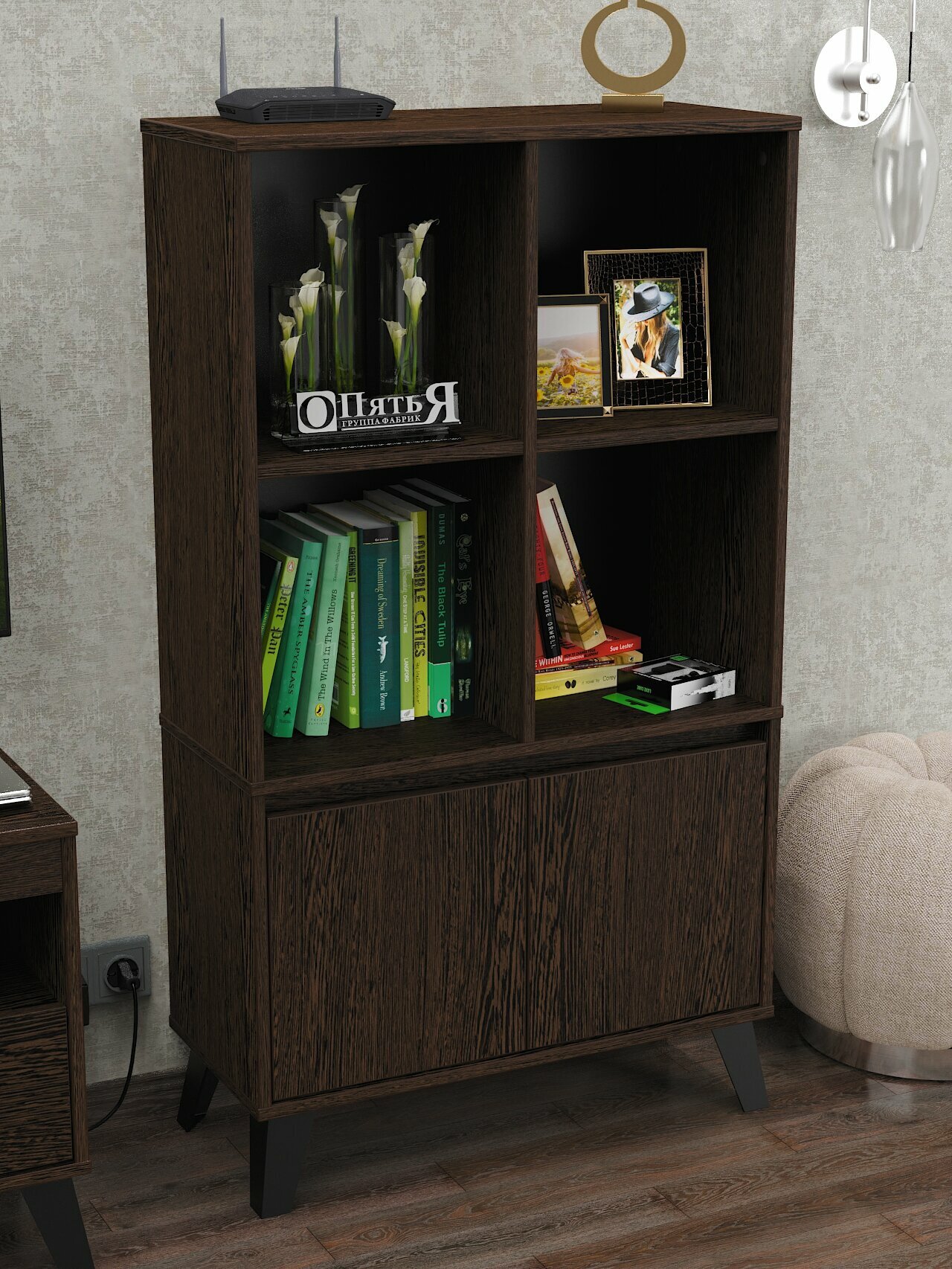 Стеллаж на высоких ножках напольный полу закрытый, 4 полки открытые + 1 полка с дверцами, для игрушек, для книг