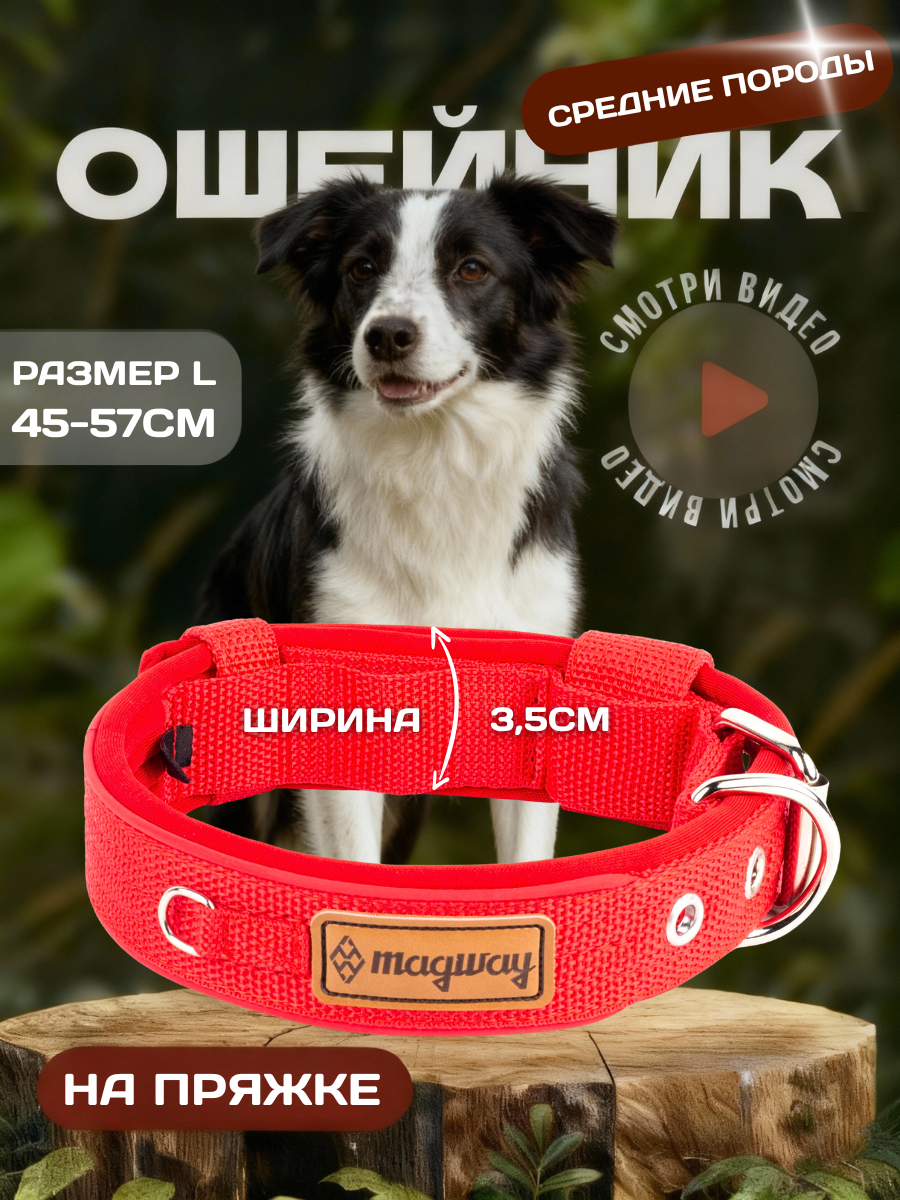 Ошейник для средних и крупных пород MagWay широкий 3,5см, мягкий, на неопрене, для щенков и взрослых, обхват шеи 45-57см, цвет красный