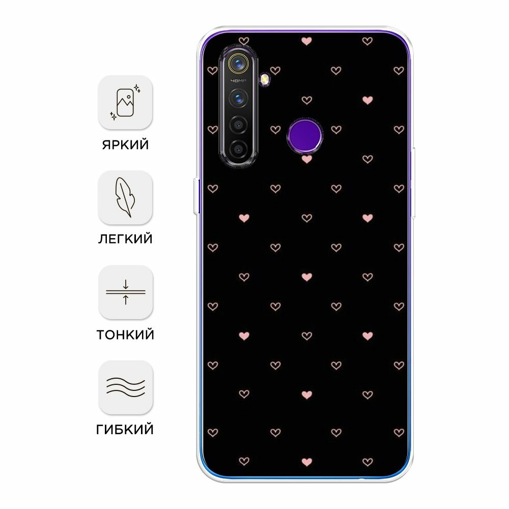 Чехол на Realme 5 Pro / Реалми 5 Про с принтом "Черный фон и сердечки" — фото 1