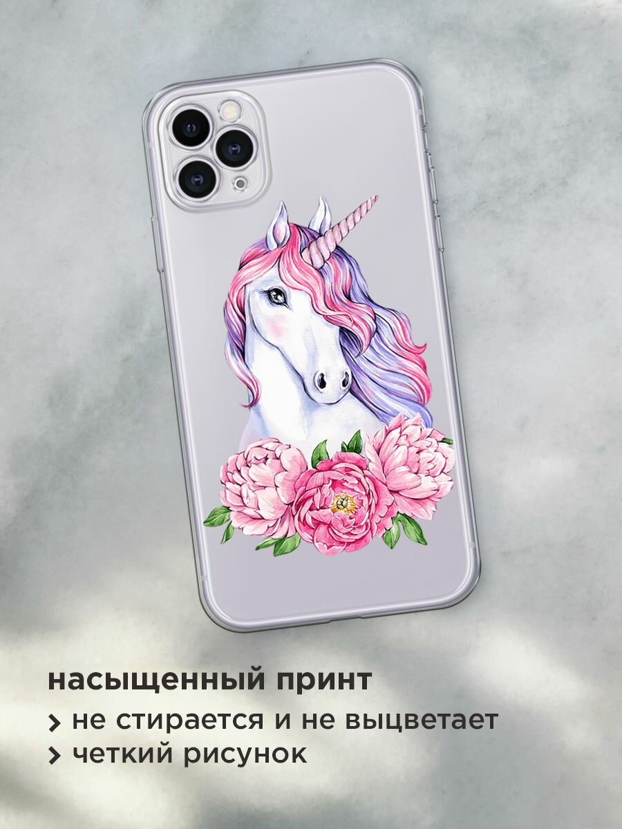 Чехол на Apple iPhone 11 Pro / Айфон 11 Про с принтом "Единорог с пионами", прозрачный — фото 1