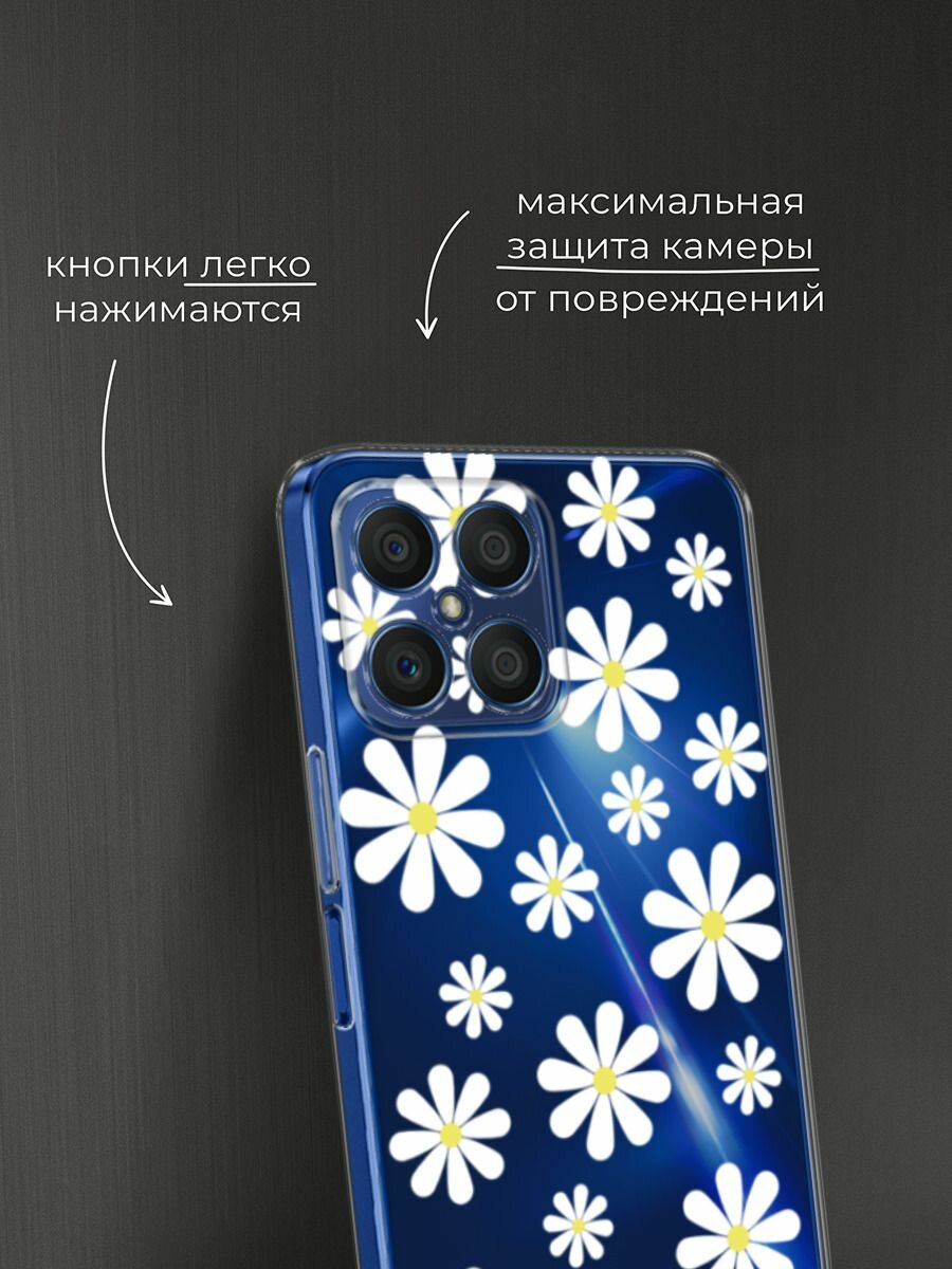 Чехол на Honor X8 / Хуавей X8 с принтом "Большие ромашки", прозрачный — фото 1
