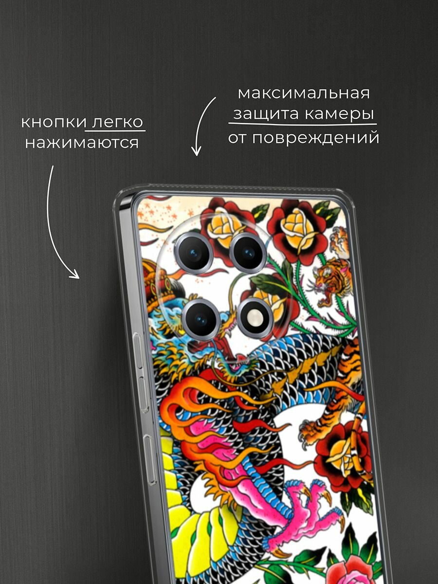 Чехол на Tecno Camon 30S / Текно Камон 30S с принтом "Дракон в цветах" — фото 1