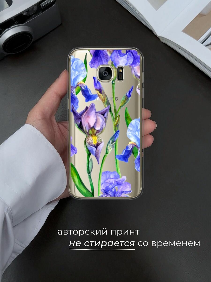 Чехол на Samsung Galaxy S7 / Самсунг Галакси С 7 с принтом "Синие ирисы", прозрачный — фото 1