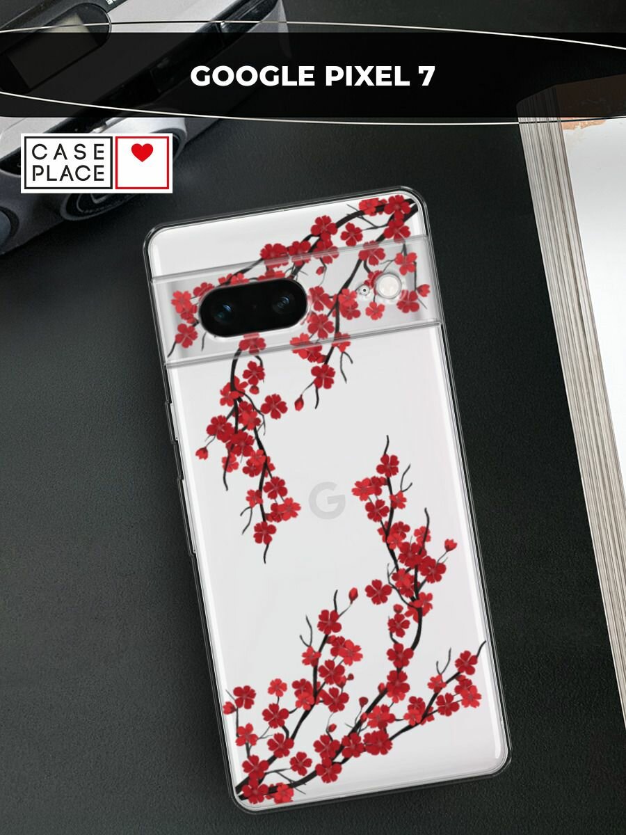 Чехол на Google Pixel 7 / Гугл Пиксель 7 с принтом "Красная сакура", прозрачный