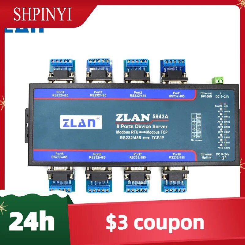 ZLAN5843A 8-портовый RS232 RS485 для Ethernet TCP/IP Modbus, промышленный Серийный Сервер с несколькими портами Ethernet
