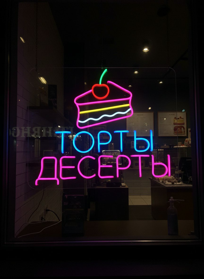 Неоновая вывеска Торты, десерты / надпись из неона / Размеры: 600х480 мм