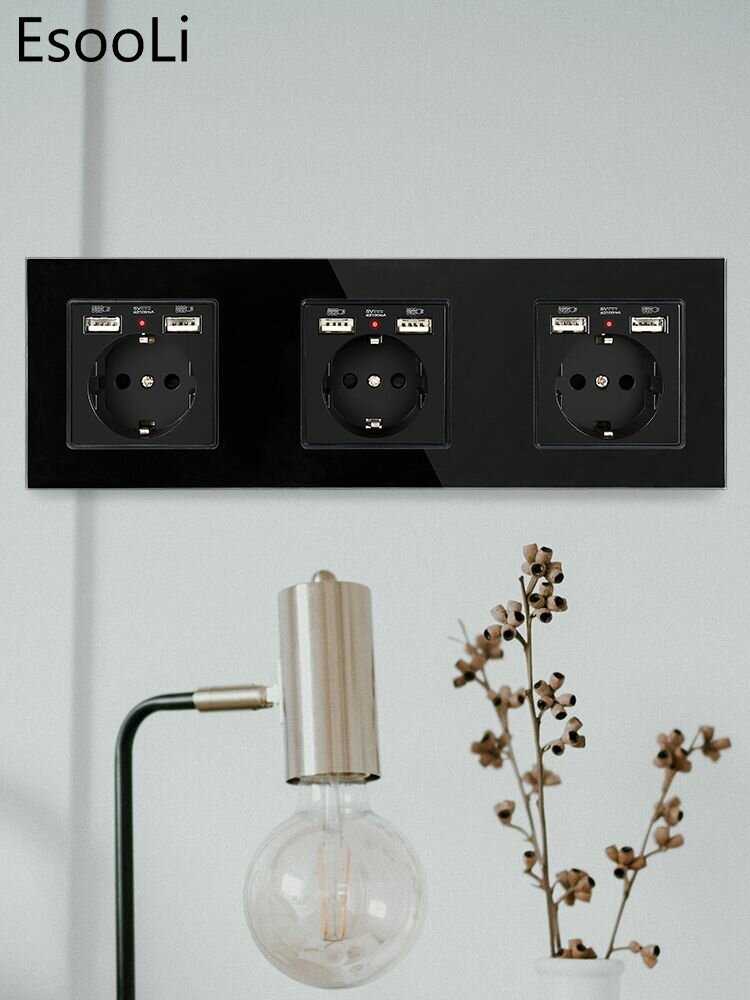 EsooLi 258mm Тип-С 3 Розетка 16A USB-порт стеклянная панель для iPhone и Android черная