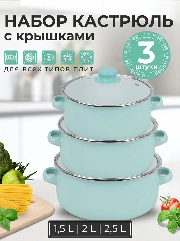 Кастрюля, Углеродистая сталь, 1,5 л, 2 л, 2,5 л, 3 шт