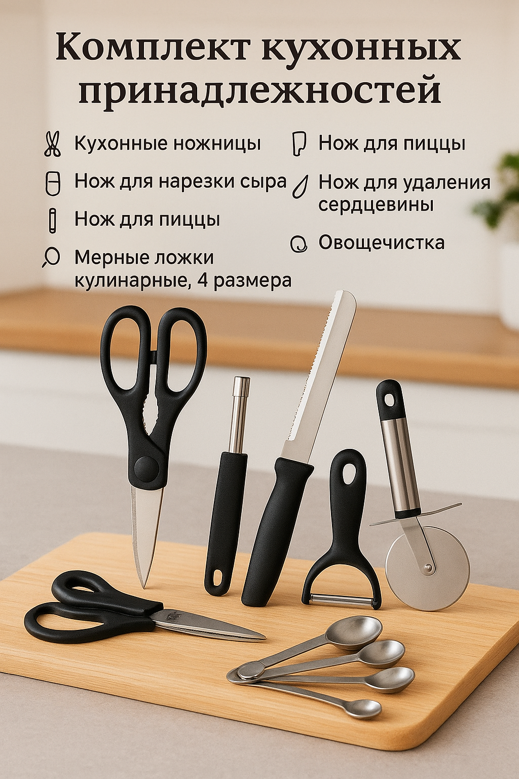 Набор кухонных ножей KS0002, из нержавеющей стали, 6 предметов, в комплекте аксессуары