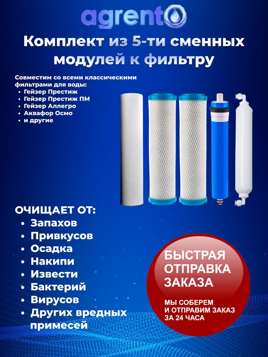 Комплект картриджей подходит для Гейзер AGRENT "Престиж", для системы "под мойкой", 5 ступеней очистки, с мембраной