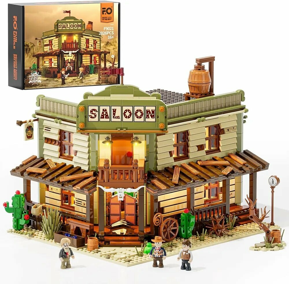 FUNWHOLE Western-Saloon Lighting Building-Набор кирпичей - The Old West Saloon LED Light Construction Building Model Set 2026 шт. для взрослых и подростков