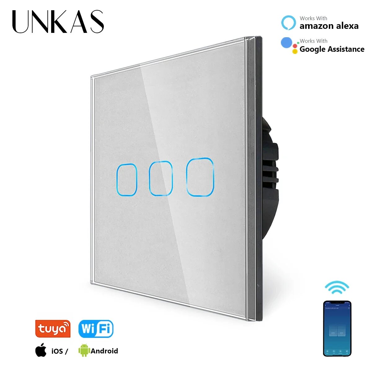 Умные выключатели UNKAS 1/2/3 клавишных WIFI Gray 3 Gang