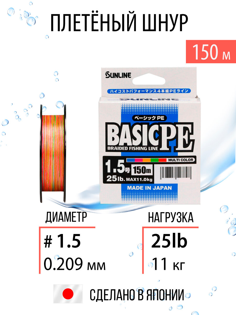 Шнур для рыбалки плетеный BASIC PE HG #1.5/25lb150m Multi Color, плетёнка рыболовная, леска для спиннинга.