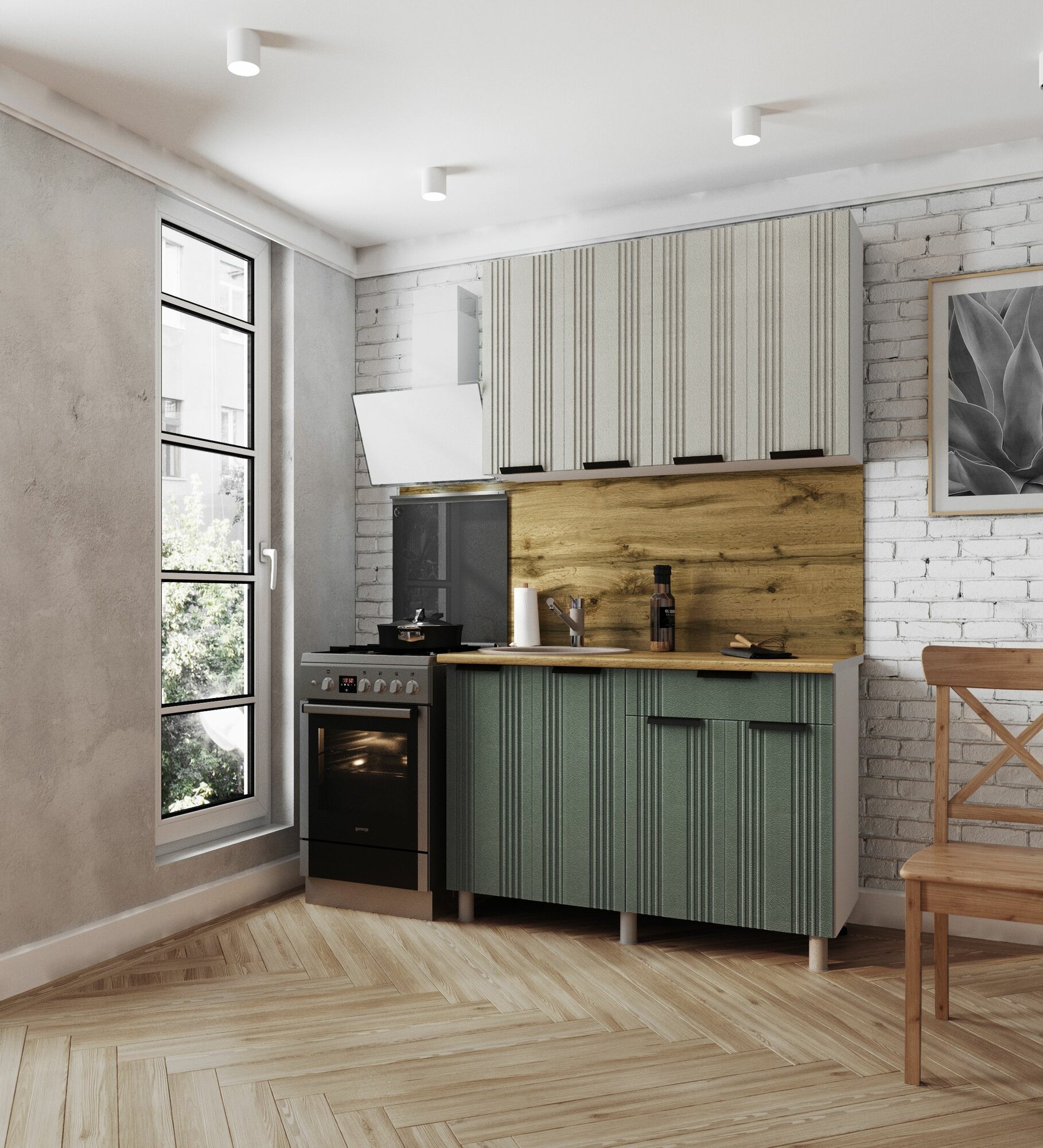 Кухонный гарнитур Монти (Корпус: 1,2 м белый + Фасад: "Монти" 1,2 м Лофт мята/Лофт капучино) (Микон)