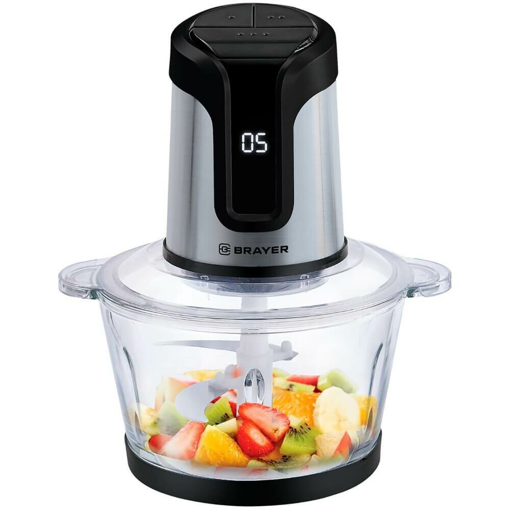 Измельчитель Brayer BR 1407, стекло/пластик, 2000 мл, защита от перегрузки, чёрный/серебристый