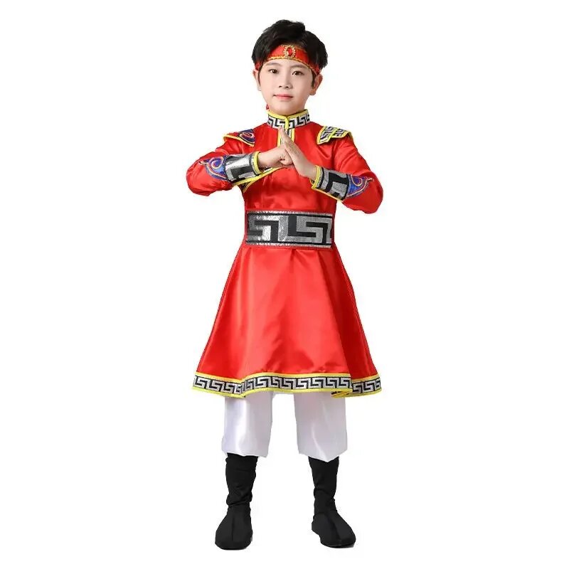 Детский монгольский костюм, розовый красный, полиэстер, хлопок Красный, S Height 110cm, Boy Red 1