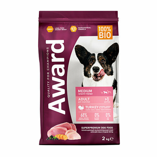 Сухой корм Авард для взрослых собак Средних пород Индейка курица морковь черная смородина 2 кг