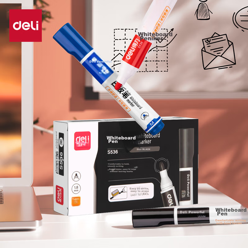 Deli Black Erasable Whiteboard Markers, Smooth Writing, Easy to Erase, for Office Meetings, Teacher's Teaching, Training, Student Stationery, 10 Pcs/box, S536