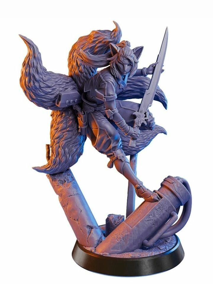 Кибер-лисица (техно-тануки с пятью хвостами) , игровая фигурка для раскрашивания (высота 50мм, база 30мм) Фэнтези Sci-fi миниатюра