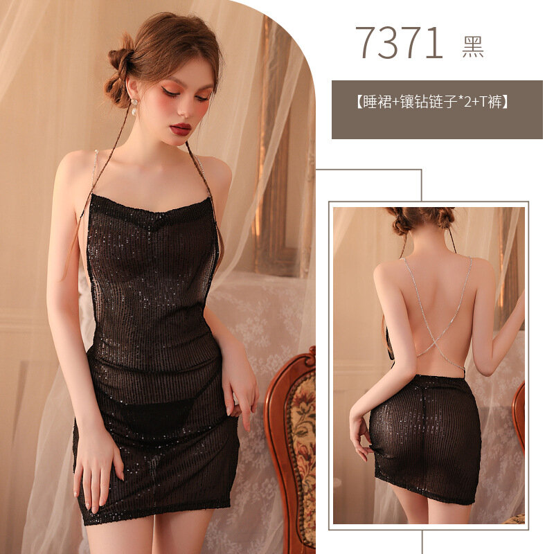 Соблазнительный комплект нижнего белья с открытой спиной в стиле ночного клуба, расшитый пайетками, для женщин 7371