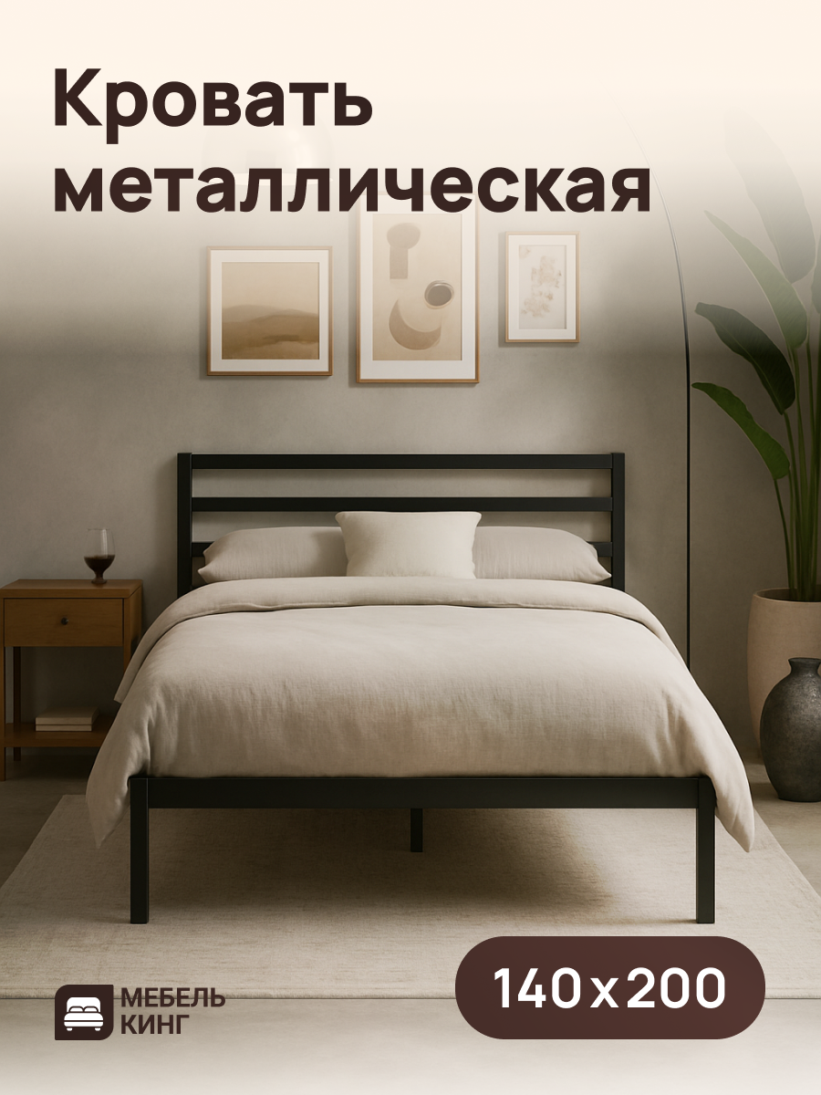 Двуспальная металлическая кровать 140х200 см, ортопедическое основание, черная